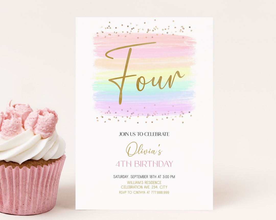 4th Birthday Invitation Girl Pastel Rainbow Editable, Fourth Birthday ...