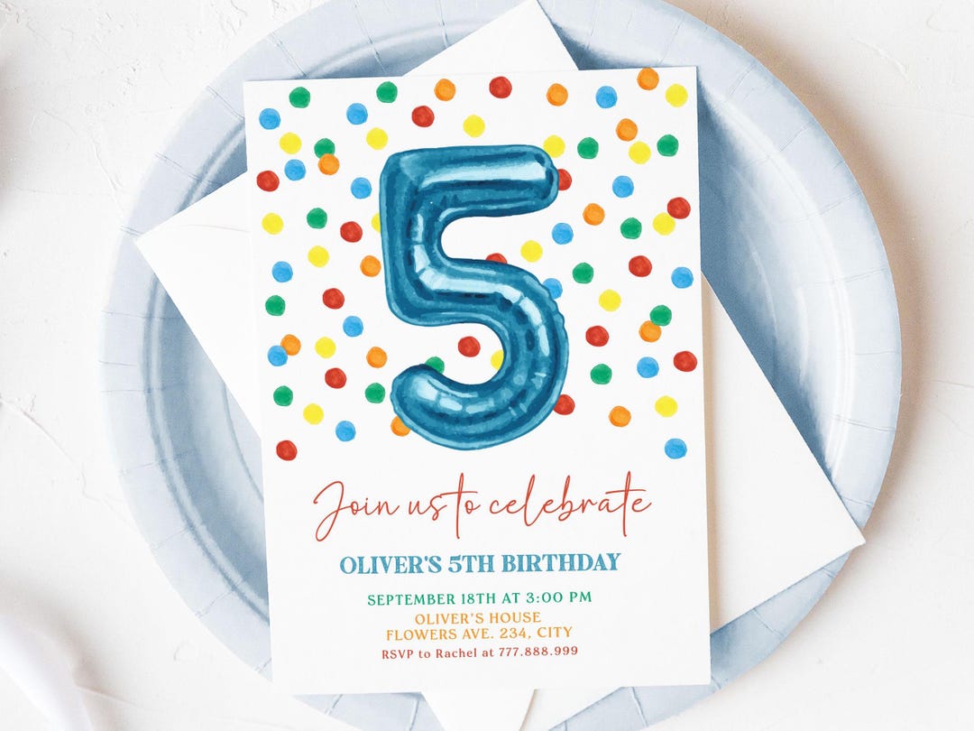 Boy 5th Birthday Invitation Colorful Confetti Balloon Editable Corjl ...