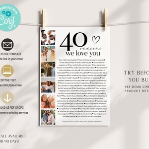 40 Reasons We Love You Poster With Pictures Template, Printable 40th ...