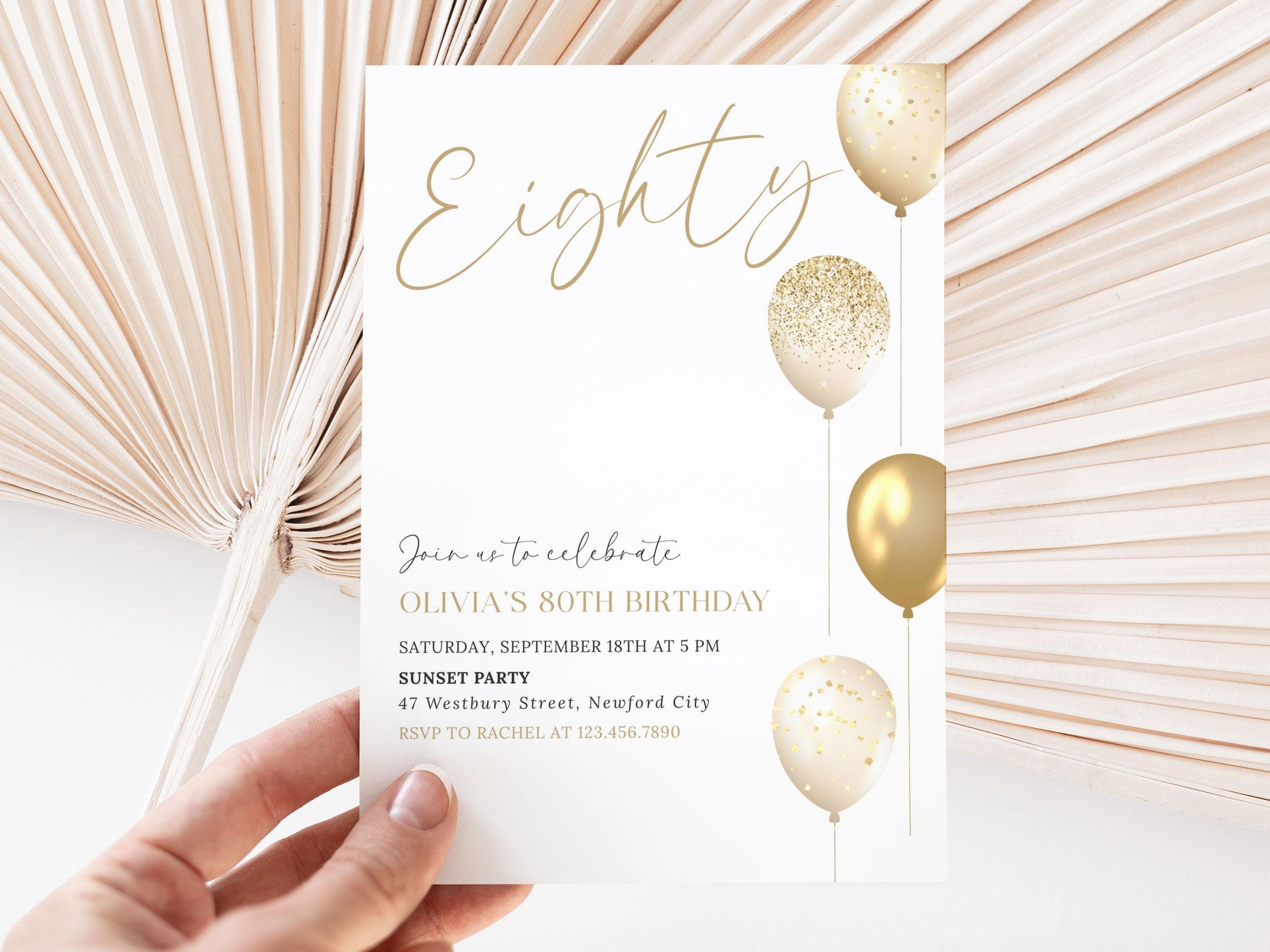 Editable 80th Birthday Invitation Gold Balloons, Elegant Minimalist ...