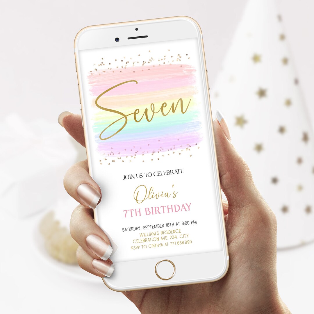 7th Birthday Girl Digital Invitation Rainbow E Invite Birthday Party ...