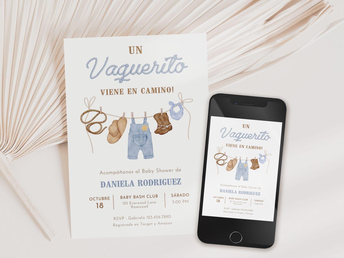 Vaquerito En Camino Baby Shower Invitation Editable, Spanish Western ...
