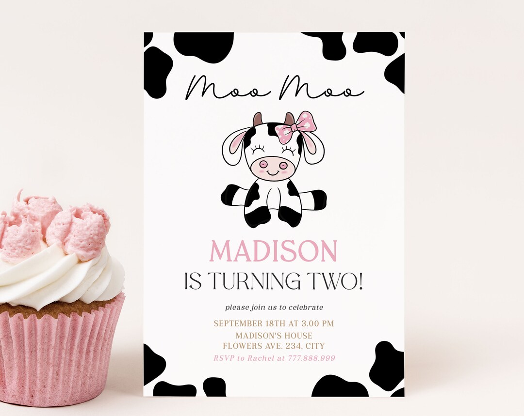 Moo Moo Im Two Birthday Invitation Editable, Cow 2nd Birthday Invite ...