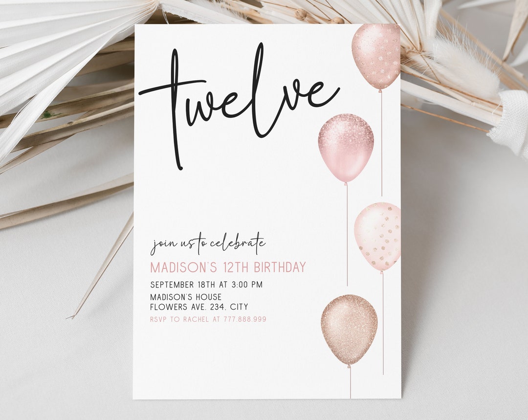 12th Birthday Invitation Editable, Twelve Birthday Invite, Girl ...