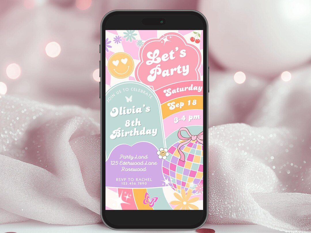 Tween Birthday Party Digital Invitation Editable Preppy Disco Girl ...