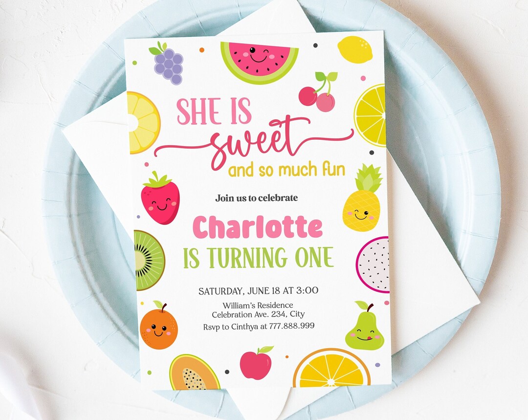 Fruit First Birthday Invitation Editable One Year Old Girl Fruit Party ...