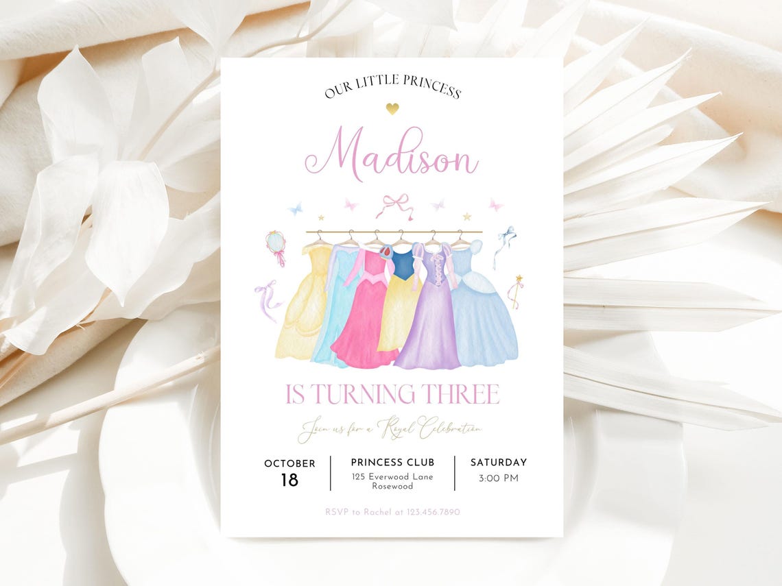 Princess Birthday Dress up Party Invitation, Watercolor Digital Invite ...