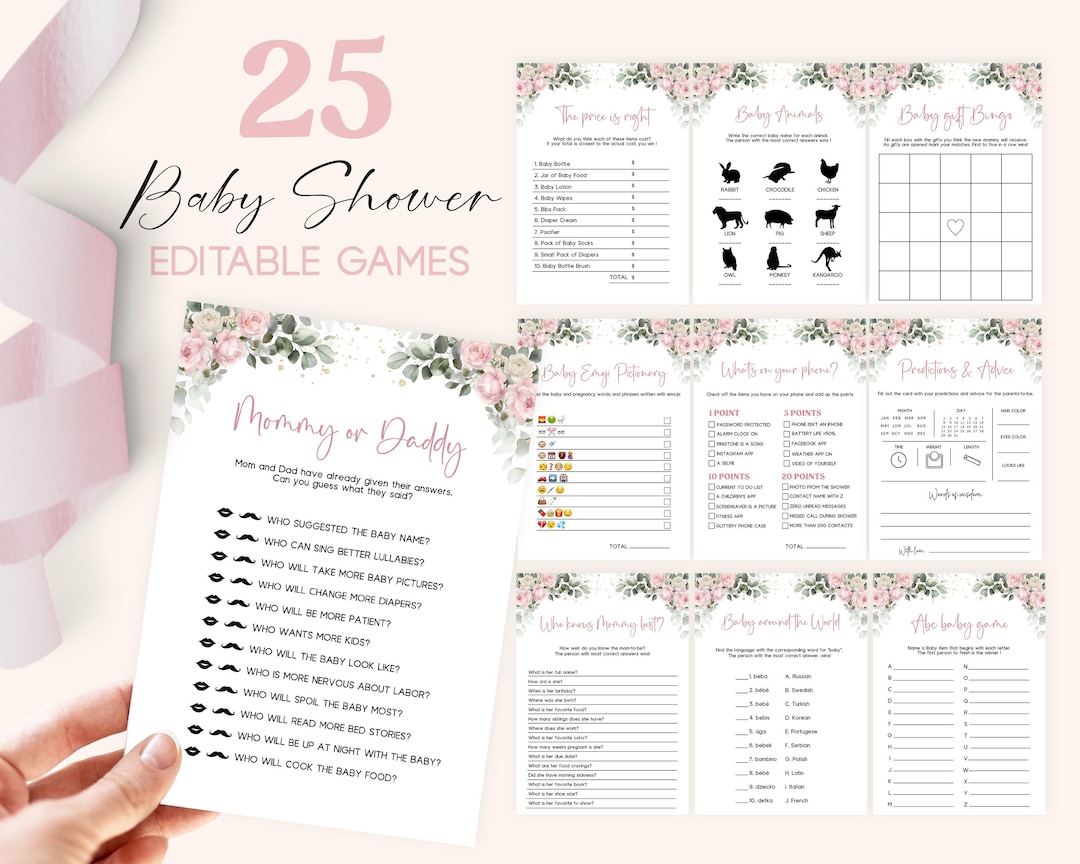 Blush Pink Floral Baby Shower Game Bundle, Dusty Pink Baby Shower Games ...