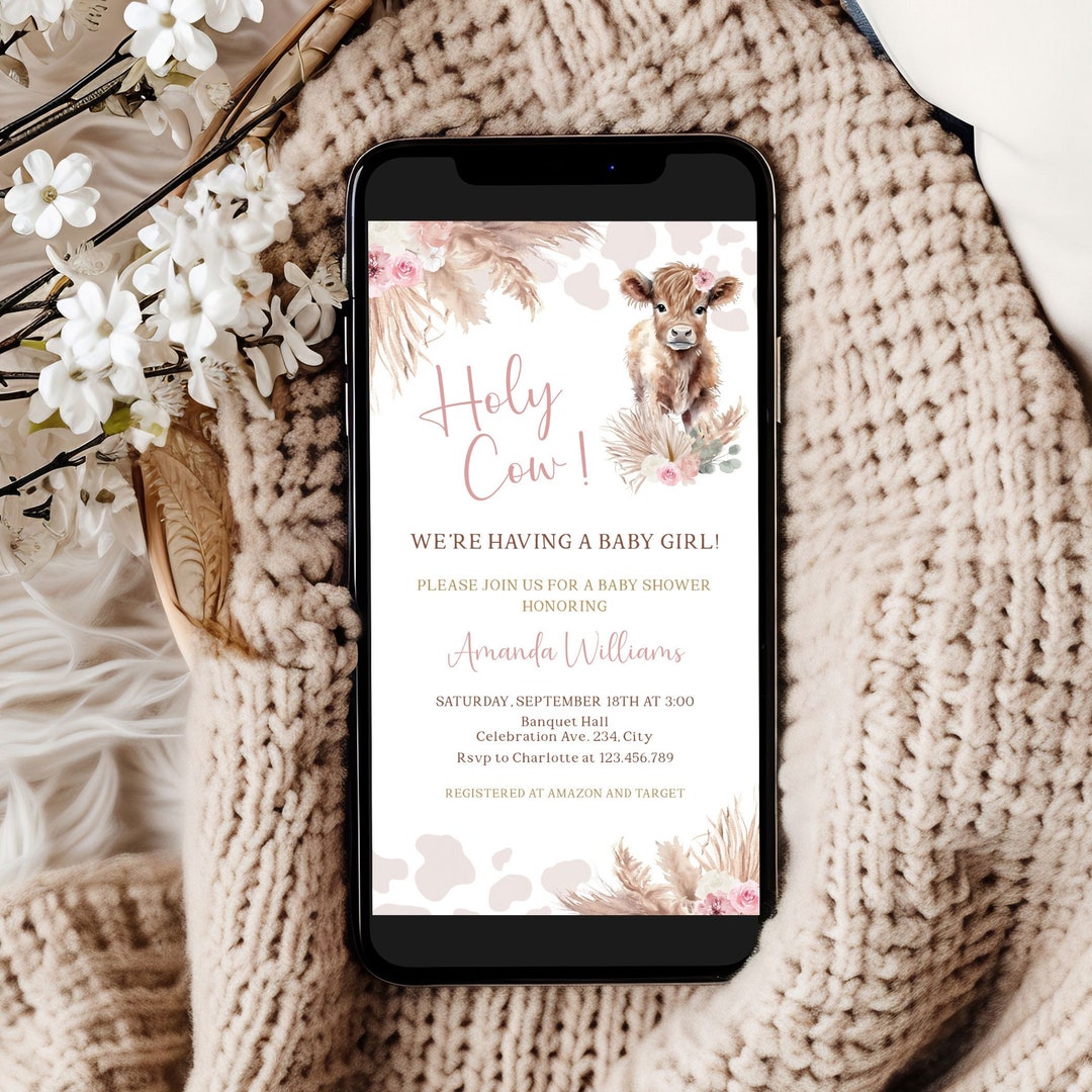 Holy Cow Text Message Invitation Editable Highland Cow Baby Shower ...