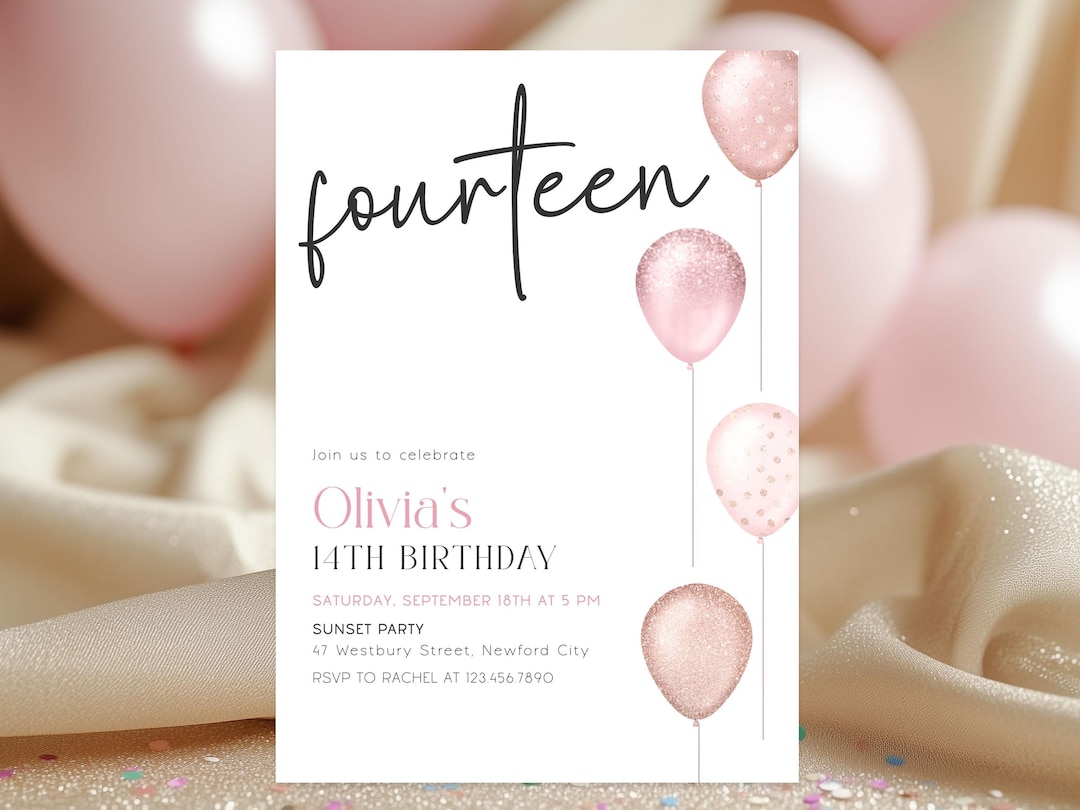 Pink Glitter Balloons 14th Birthday Invitation, Editable Teen Template ...