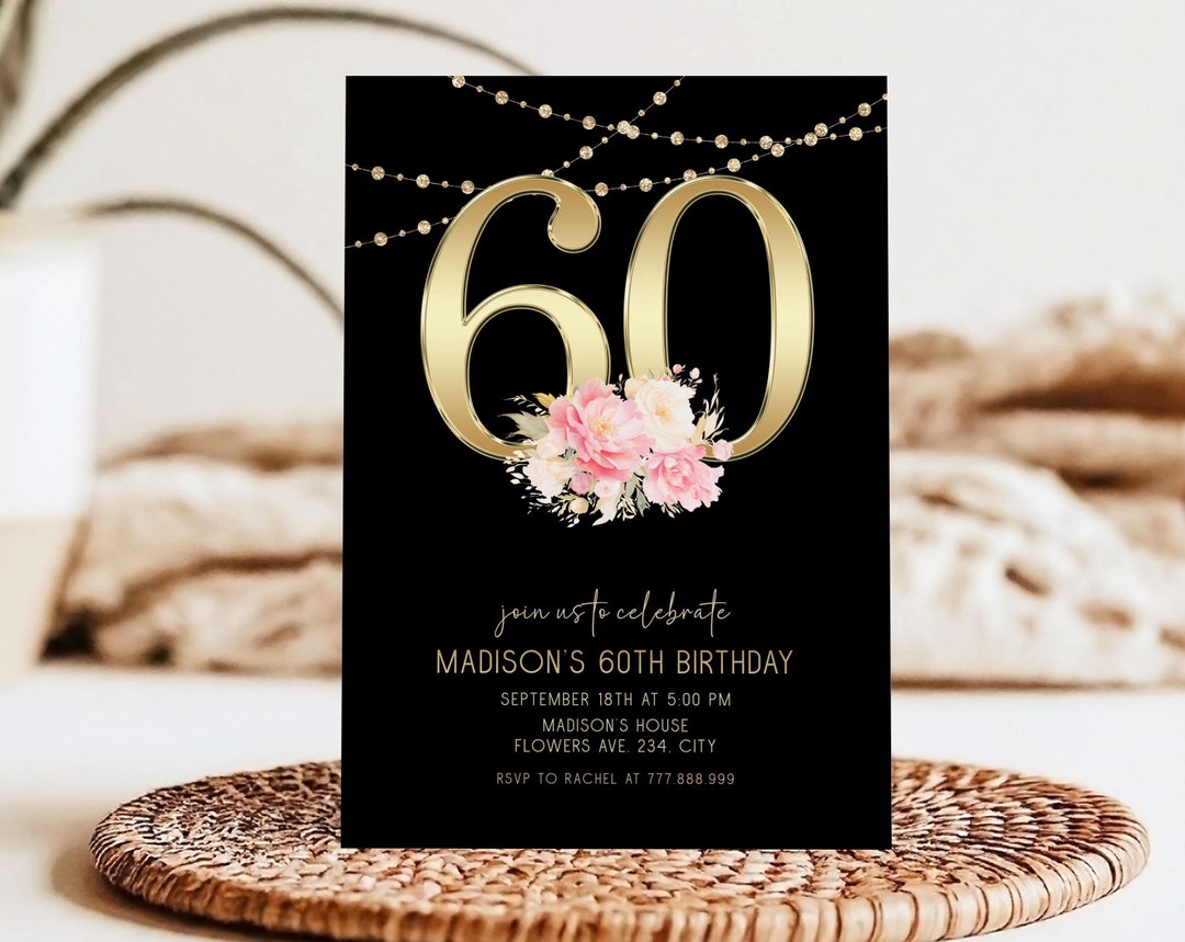 Floral 60th Birthday Invitation for Women Printable, Gold 60 Birthday ...