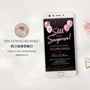 Spanish Surprise Birthday Party Evite, Pink Sparkle Electronic Invitation Editable, Latina ...
