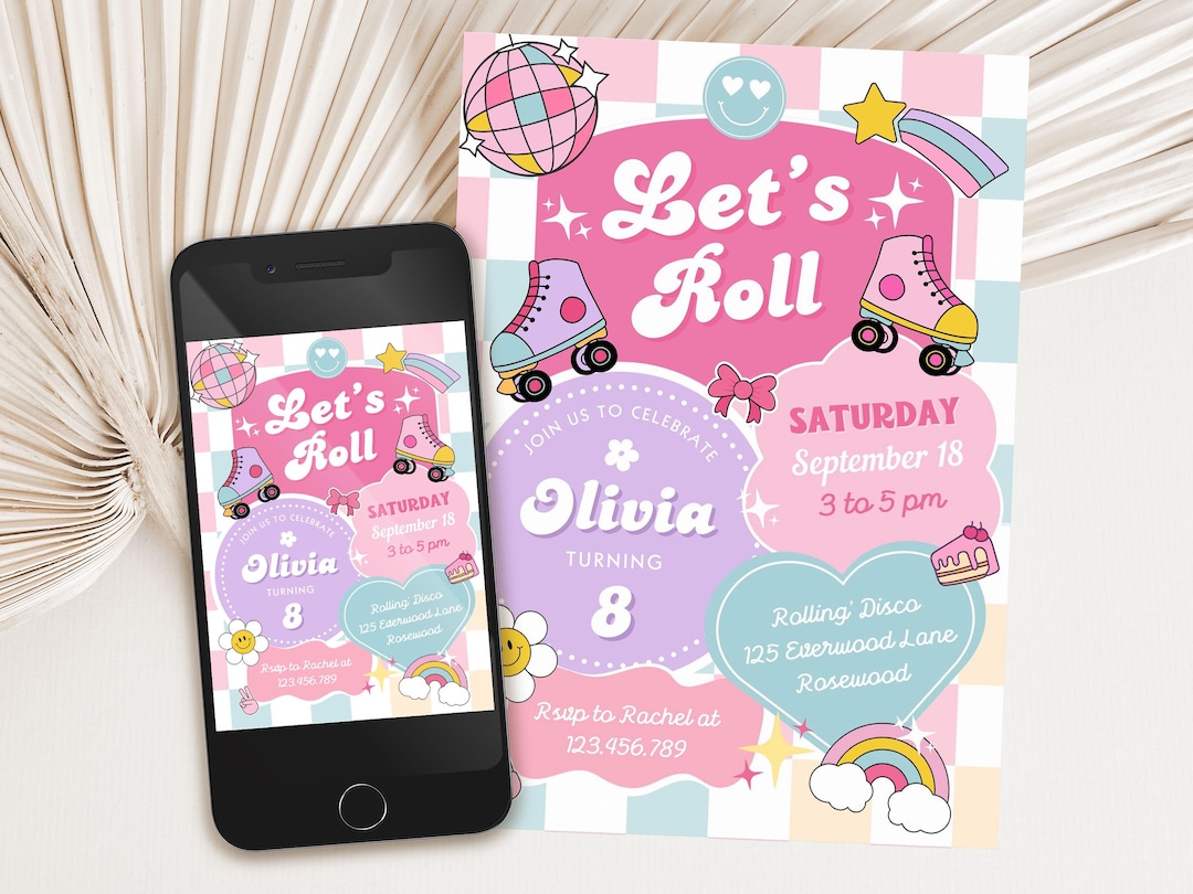 Roller Skating Girl Invitation Editable, Disco Rolling Skate Groovy ...