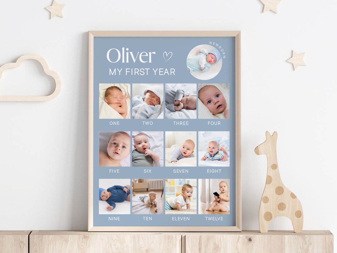 Boy First Birthday Photo Board Template, Dusty Blue 1st Birthday Photo ...