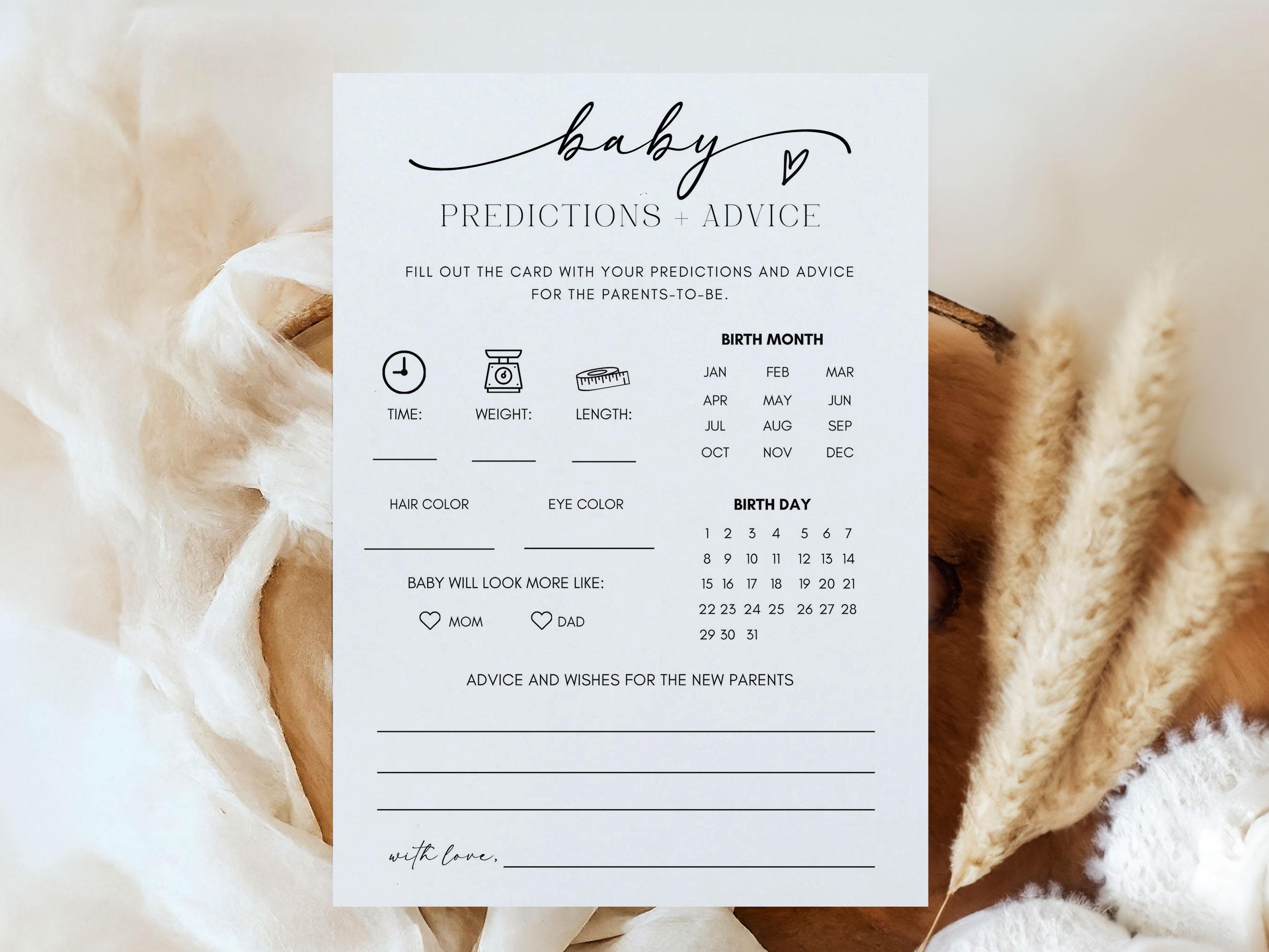 Baby Shower Predictions and Advice Card Printable, Minimalist Game ...