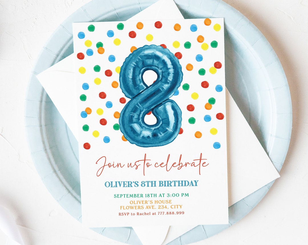 8th Birthday Invite Boy Colorful Confetti , Editable 8 Year Old ...