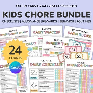 Editable Kids Chore Chart Bundle, Chore Chart Templates, Customizable ...