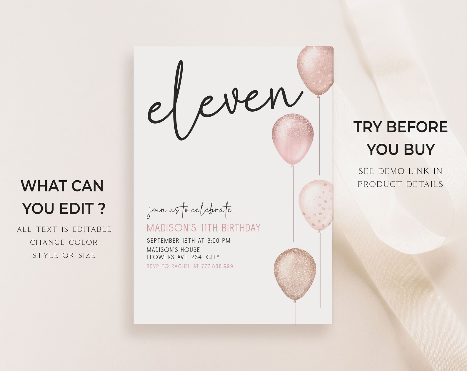 11th Birthday Invitation Girl Editable, Eleven Birthday Invite, 11 ...