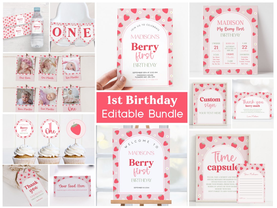 Berry First Birthday Party Printable Bundle, Editable Strawberry Girl ...