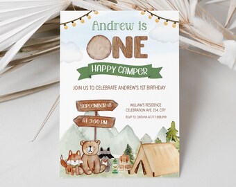 Editable One Happy Camper First Birthday Invitation Template Woodland Animal Theme Boy 1st Bday ...