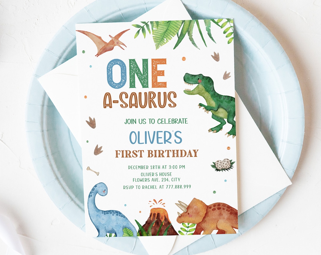 One a Saurus Birthday Invitation Editable Boy Dino 1st Birthday Invite ...