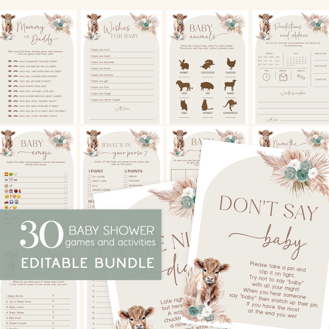 Cow Themed Baby Shower Games Bundle Editable, Baby Highland Cow Games ...