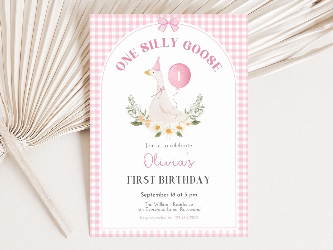 One Silly Goose Girl Birthday Invitation, Pink Goose 1st Birthday ...