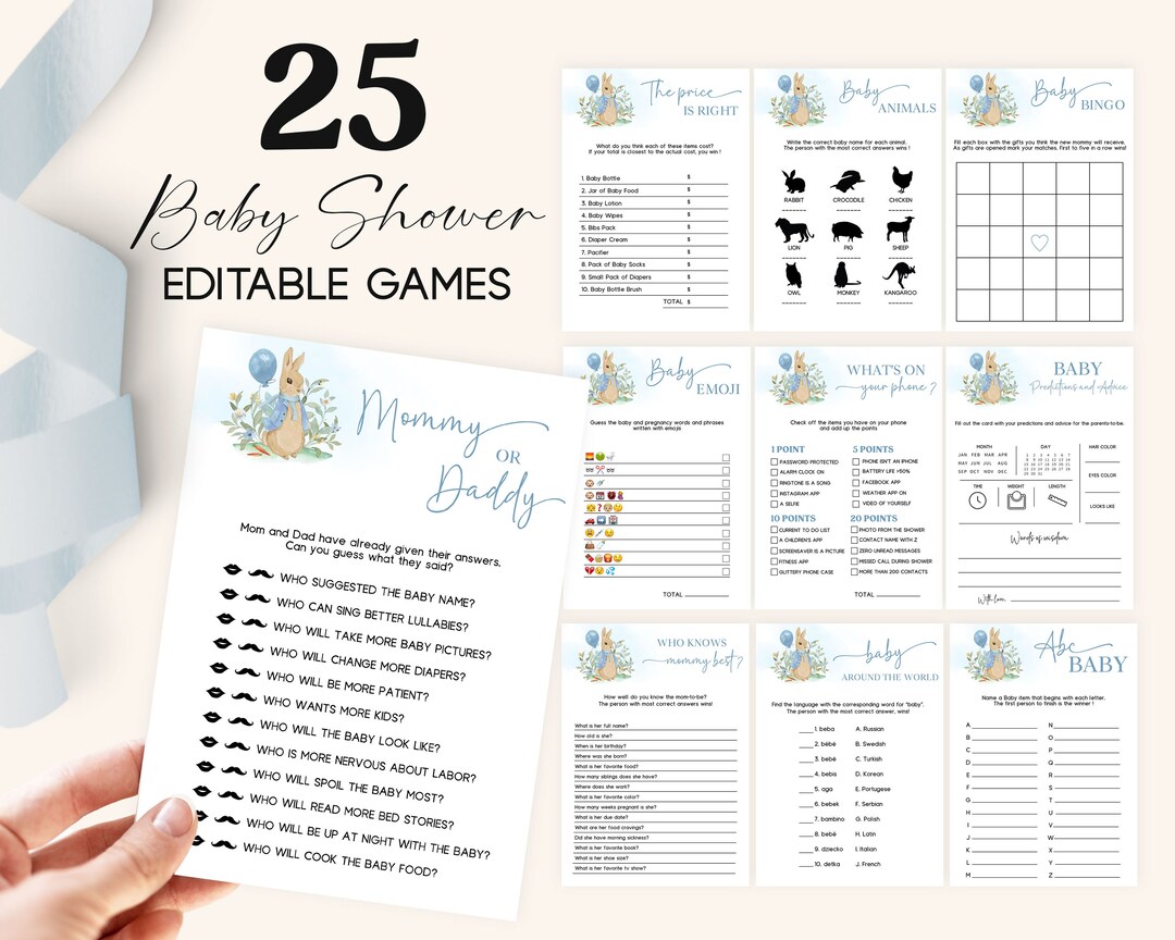 Boy Rabbit Baby Shower Games Printable, Editable Boy Baby Shower Game ...