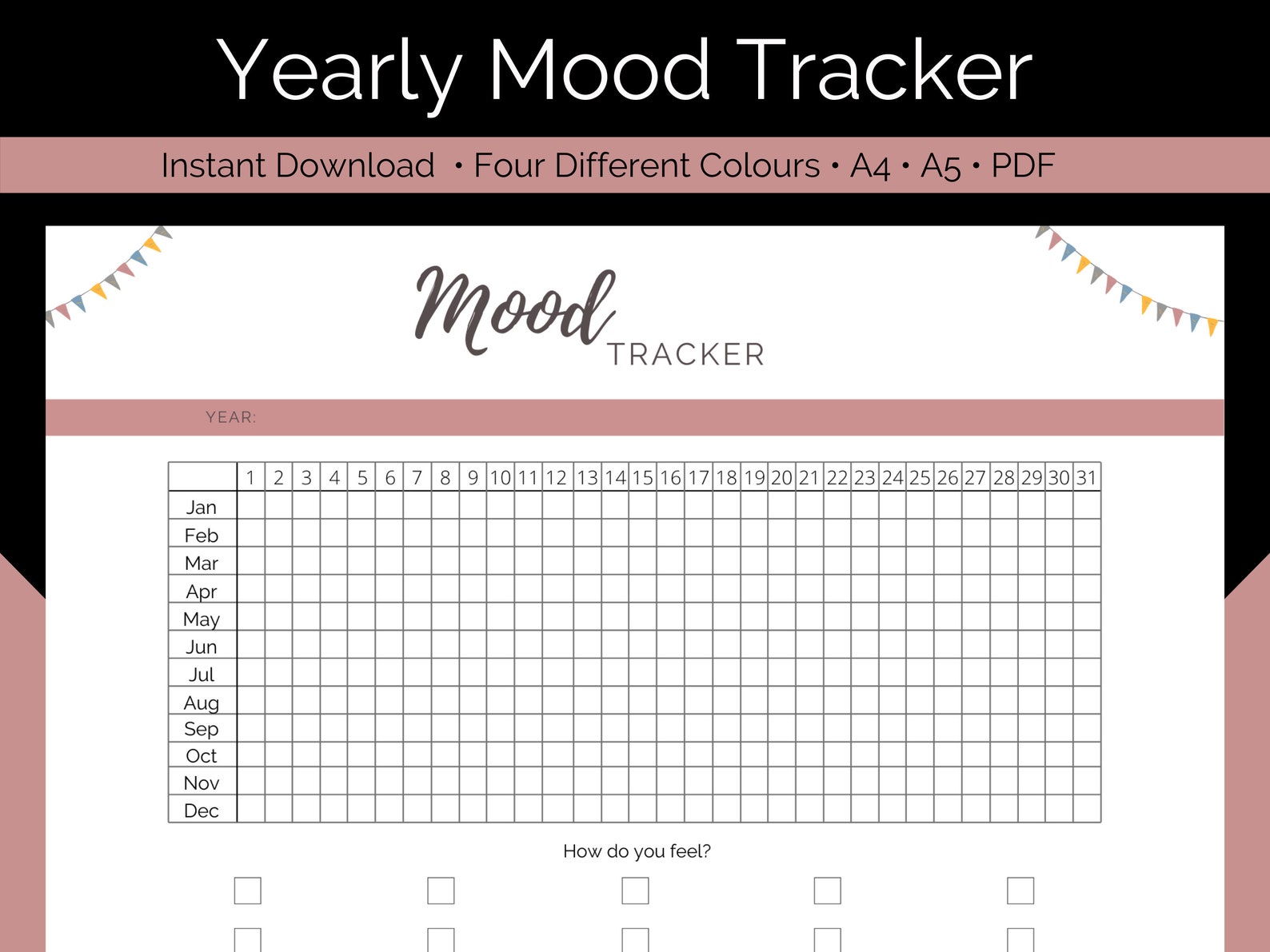 Yearly Mood Tracker Printable Emotion Log Monthly Wellbeing Tracker ...
