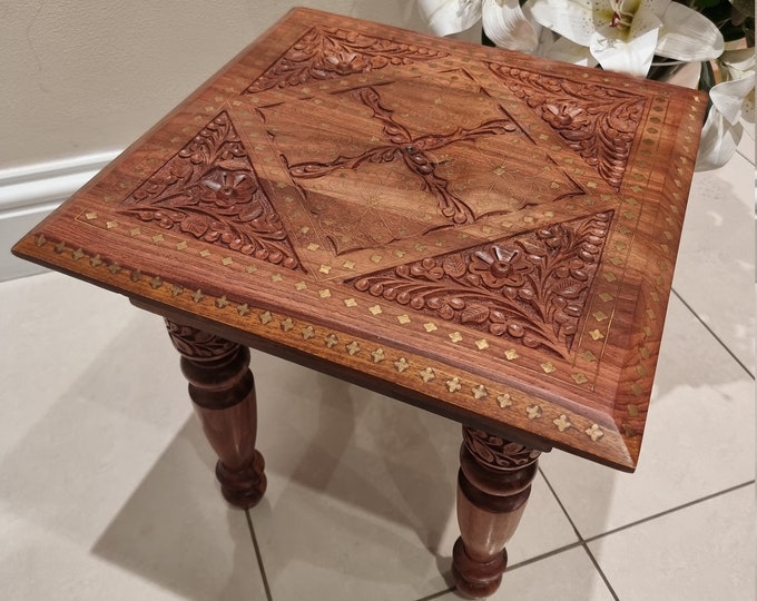 Handcarved Sheesham Wooden Squared Table With Brass Inlay, Coffee Table ...