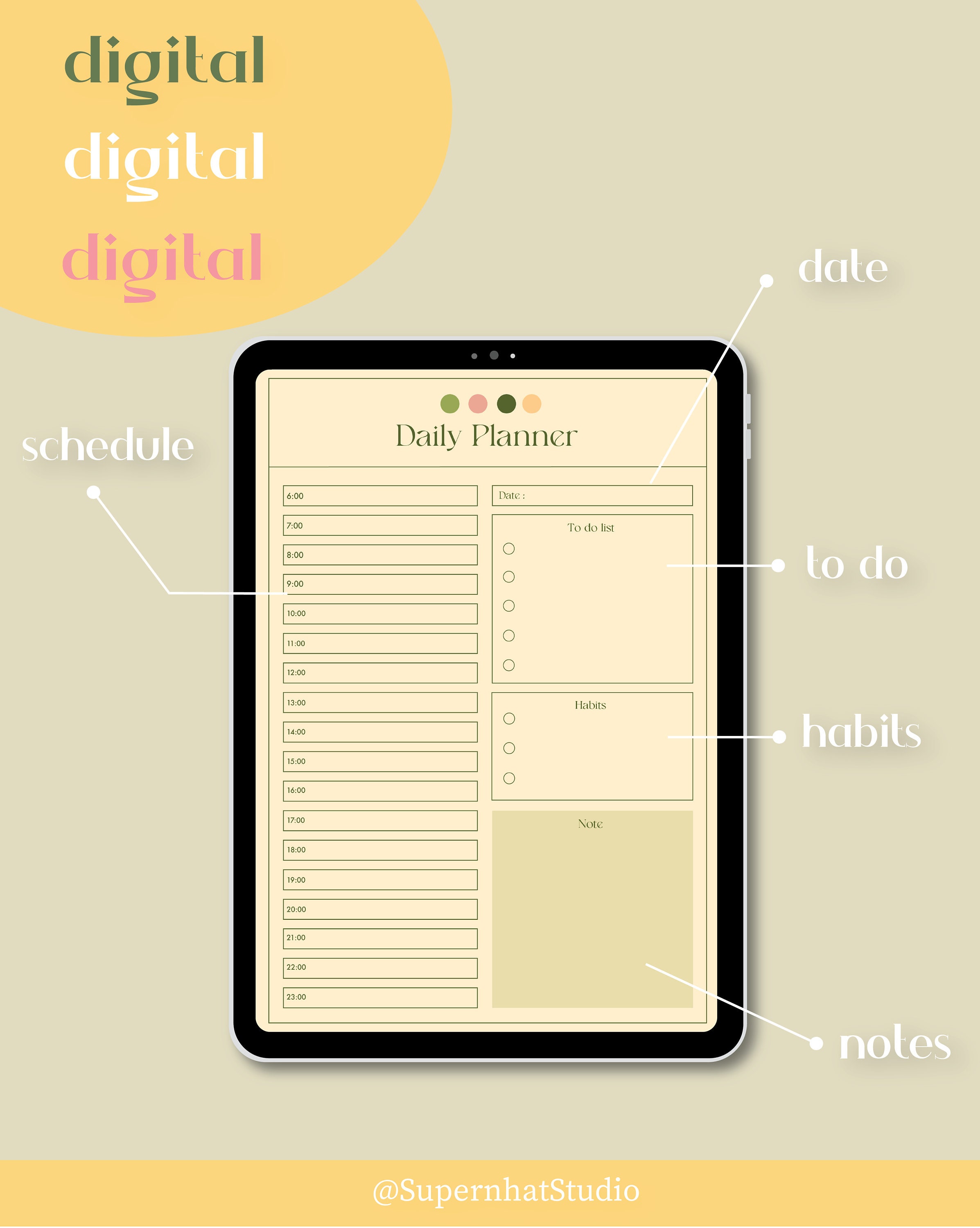 Minimal Digital Daily Planner Green Pastel Color Undated Daily Planner ...