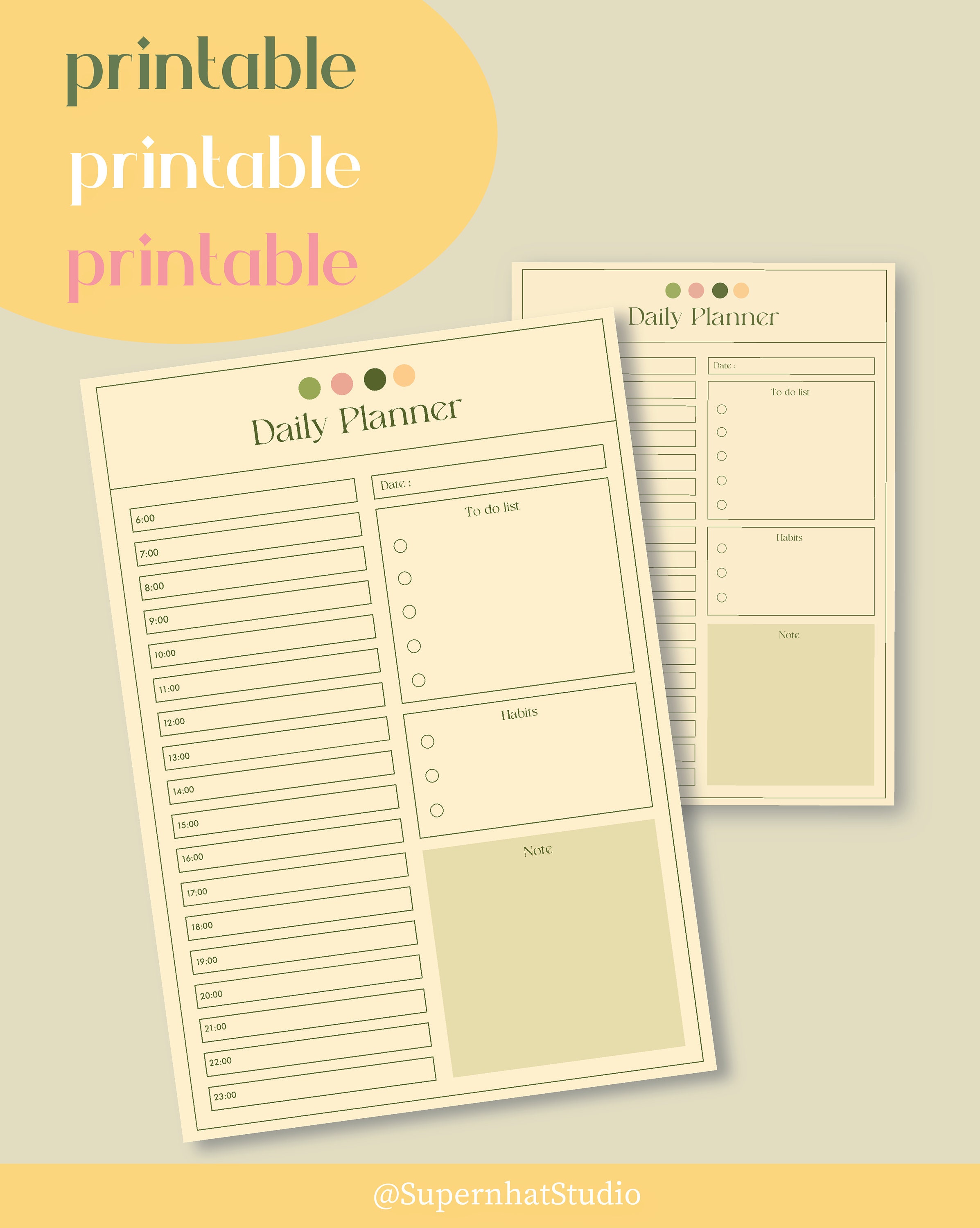 Minimal Digital Daily Planner Green Pastel Color Undated Daily Planner ...