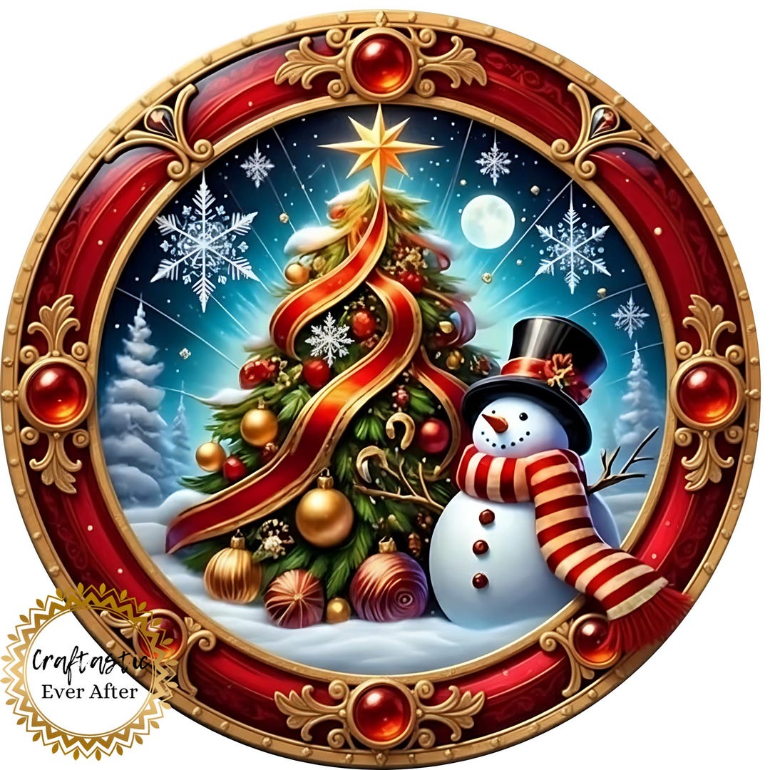 Christmas Tree Snowman Wreath Sign • 10" Metal Round Sign • Elegant ...