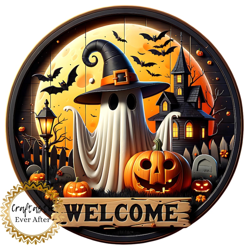 Welcome Ghost Halloween Wreath Sign – Witch Hat, Pumpkins & Haunted ...