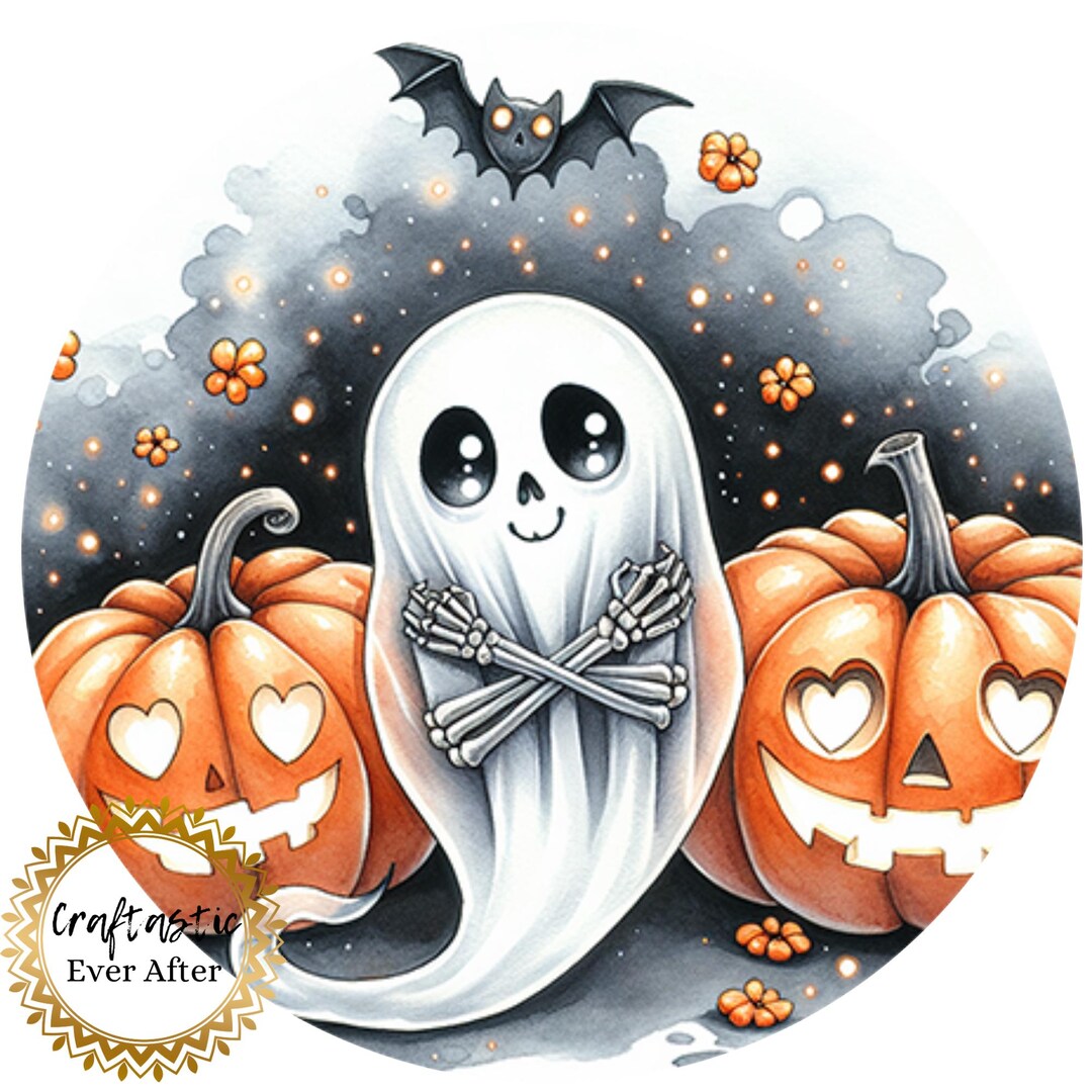 Cute Ghost & Pumpkin Halloween Wreath Sign – Kawaii Skeleton Ghost With ...