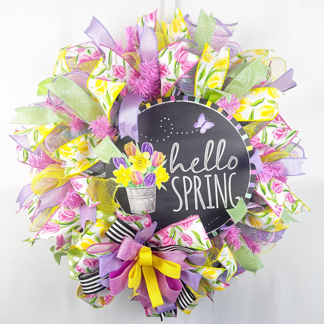 Hello Spring Wreath With Pastel Colors, Spring Wreath, Front Door ...