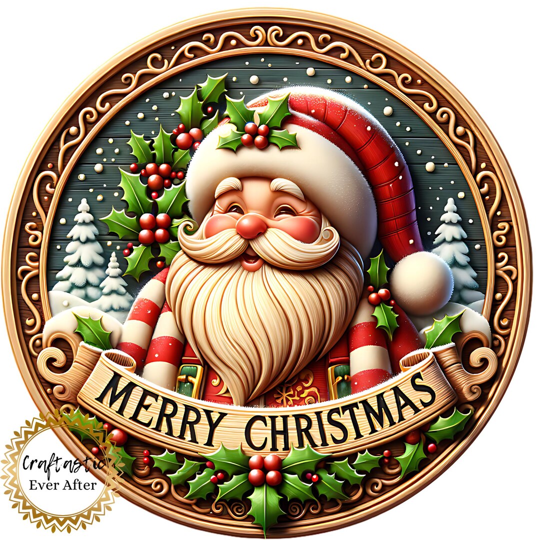 Santa Claus Wreath Sign • 10" Metal Round Sign • Merry Christmas ...