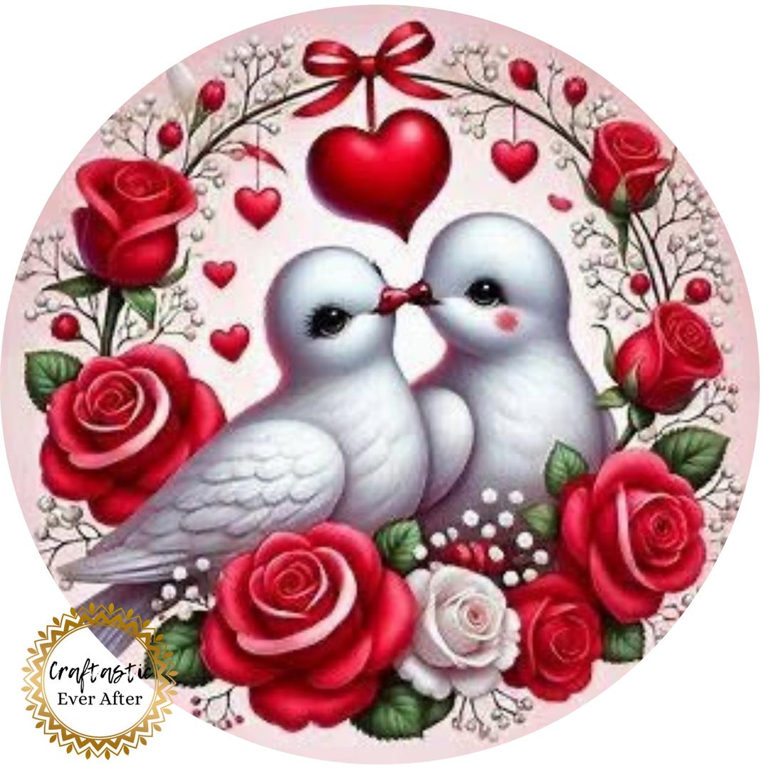 Valentine Doves Metal Wreath Sign • 10" Round • Kissing Doves With ...