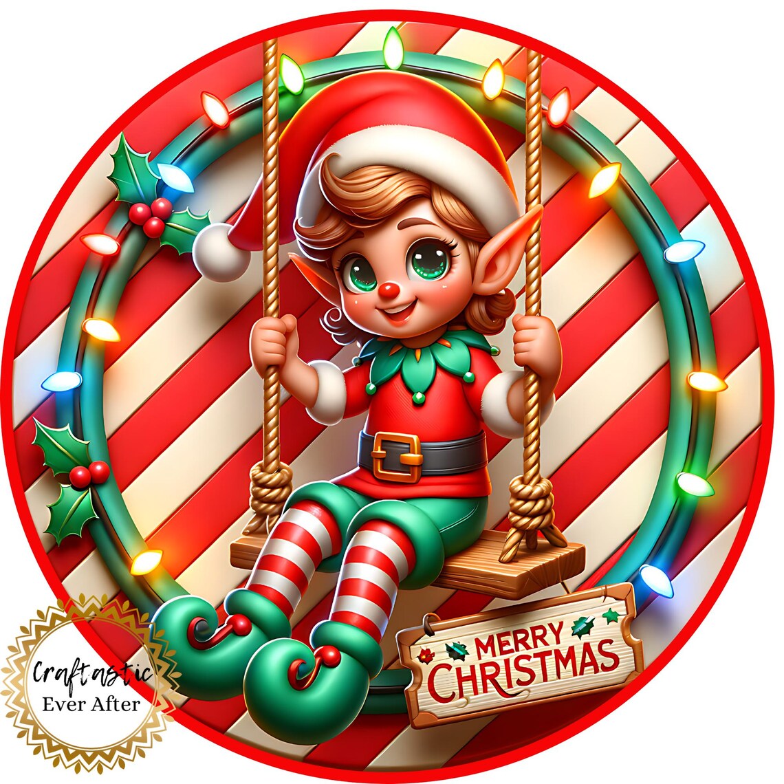 Christmas Elf Wreath Sign • 10" Metal Round Sign • Cute Elf on Swing ...