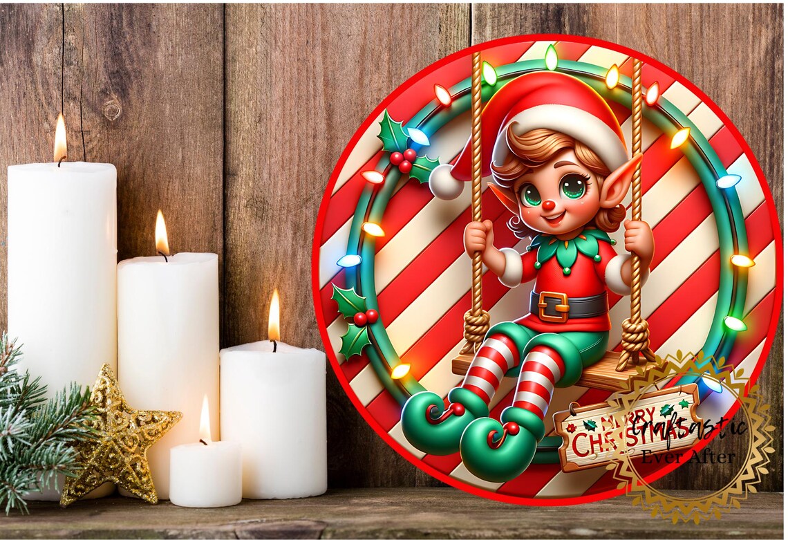 Christmas Elf Wreath Sign • 10" Metal Round Sign • Cute Elf on Swing ...