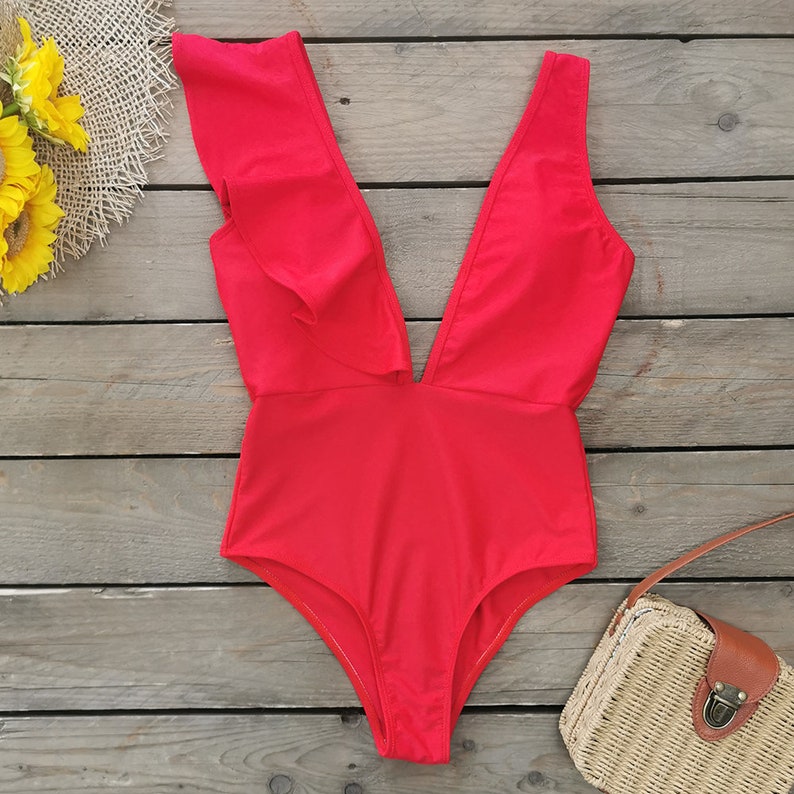 Red Solid One Piece Sexy Red Swimsuit Ruffles One Piece Etsy