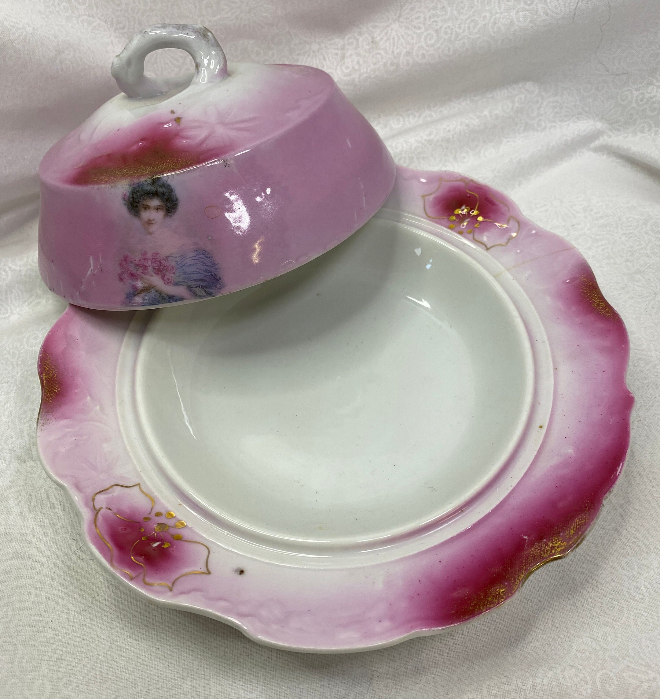 Antique Victorian Hand-painted Candy / Butter / Cheese Domed Dish ...