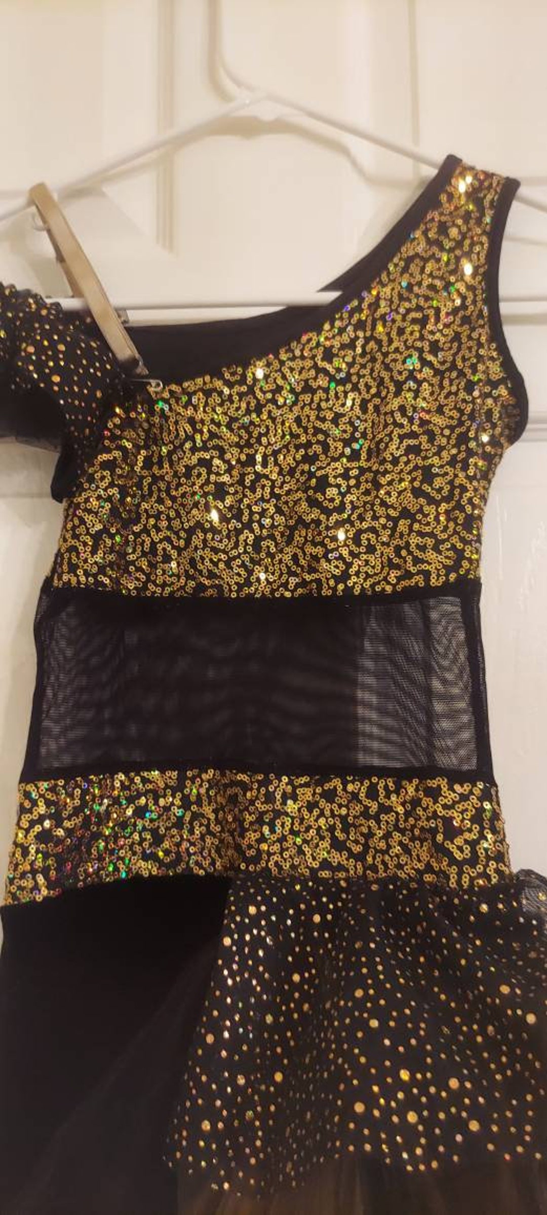 Dance One Piece Short Body Suit Black and Gold With Black and Gold Tule ...