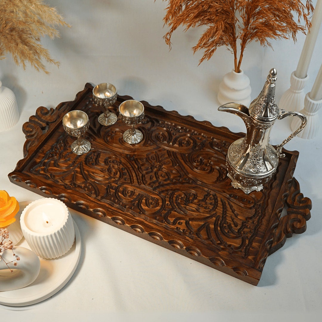 Flower Engraved Hand, Carved Design Tray, Decorative Ottoman Tray ...