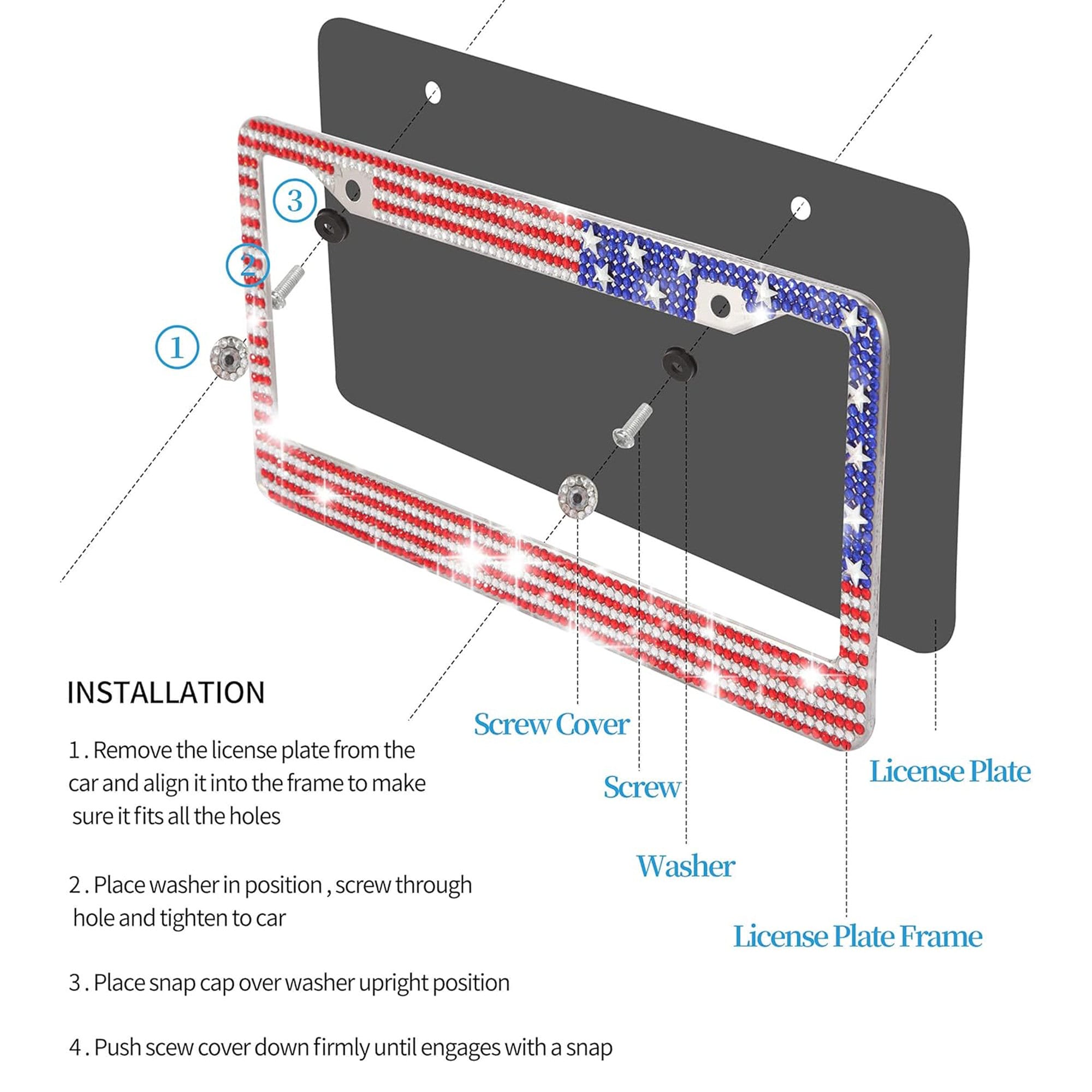 USA Flag License Frame, Crystal License Plate Frame, American Flag ...