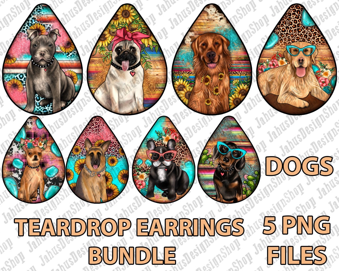 Dogs Teardrop Earrings Png Sublimation Design Bundle, Animal Teardrop ...