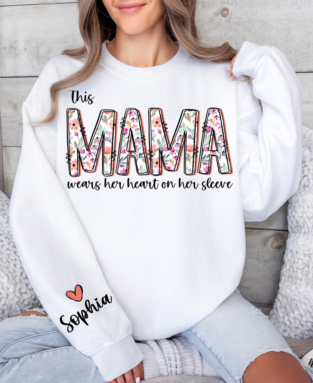 This Mama Wears Heart on Her Sleeve Png, Personalized Heart Png, Floral ...
