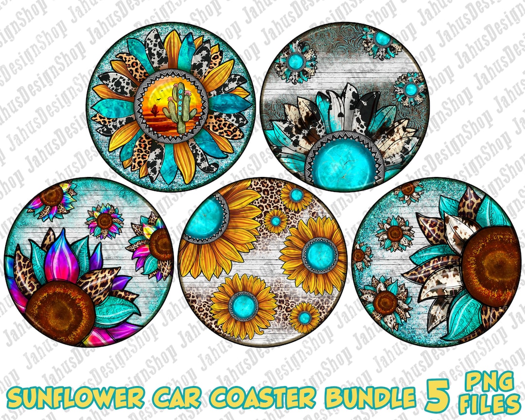 Sunflower Car Coaster Png Sublimation Design Bundle, Western Car ...