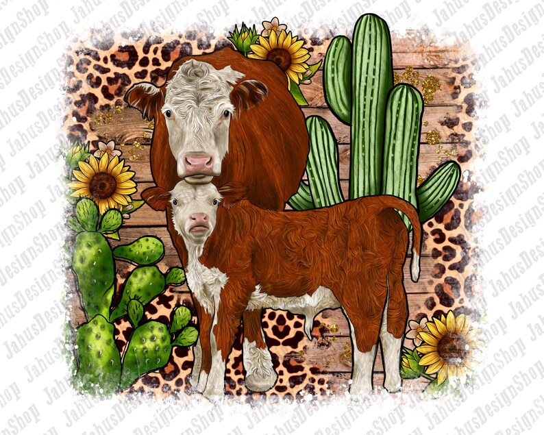 Hereford Cow With Sunflower and Cactus Background Png | Etsy