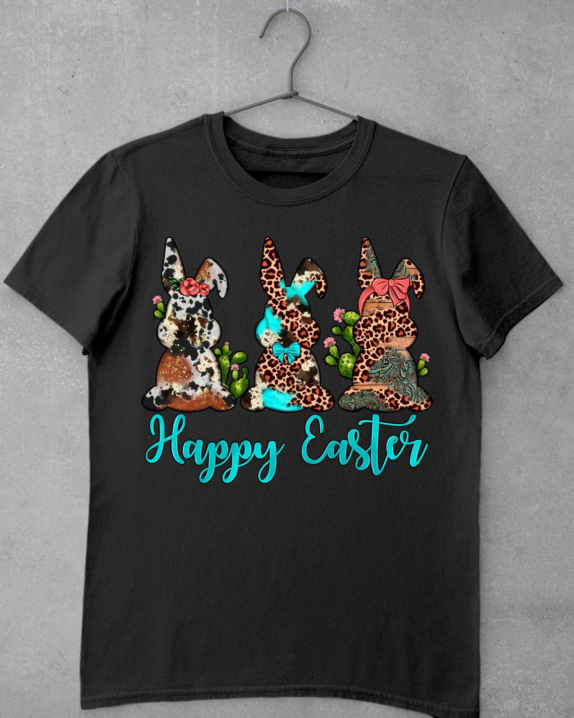 Happy Easter Leopard Cowhide Turquoise Cactus Bunnies Png | Etsy